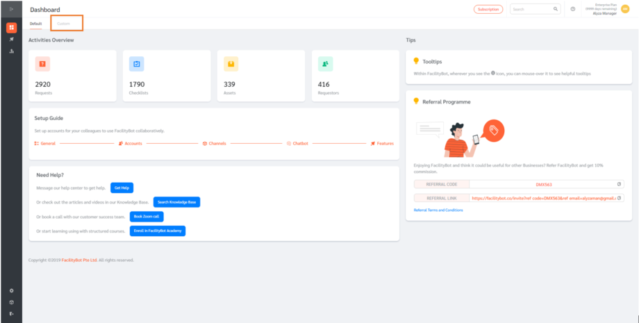 Custom Dashboard - FacilityBot - Facilities Management Software