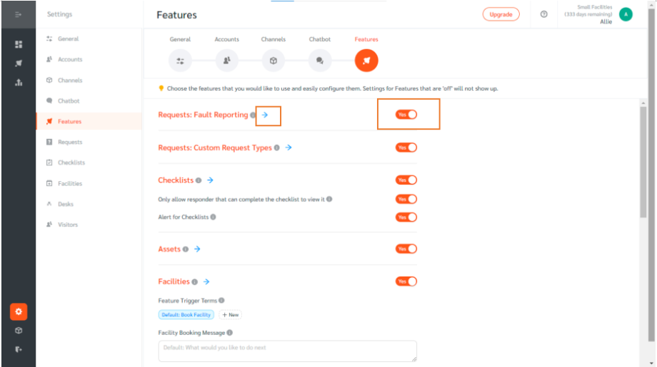 Configuring Features - FacilityBot - Facilities Management Software