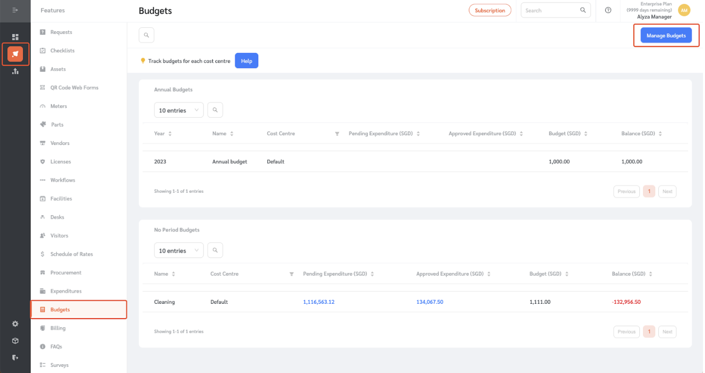 Budgets Feature - FacilityBot - Facilities Management Software