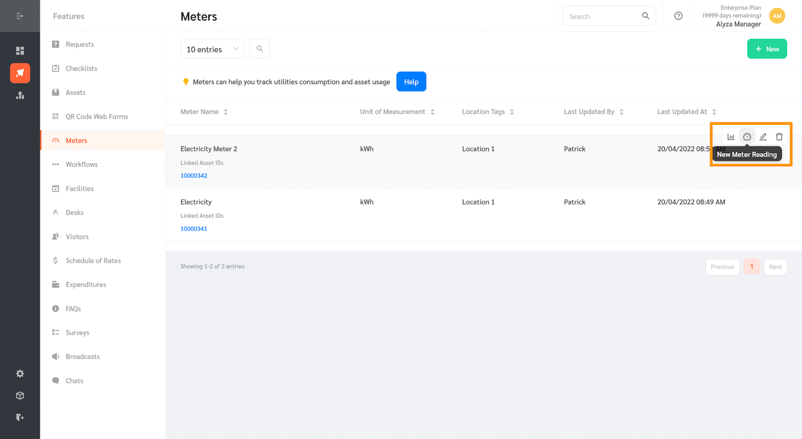 Meters Feature - FacilityBot - Facilities Management Software