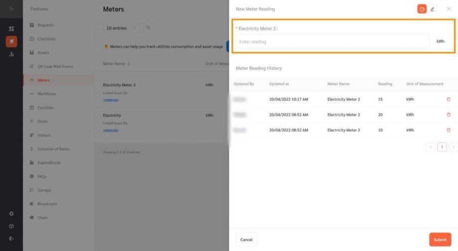 Meters Feature - FacilityBot - Facilities Management Software