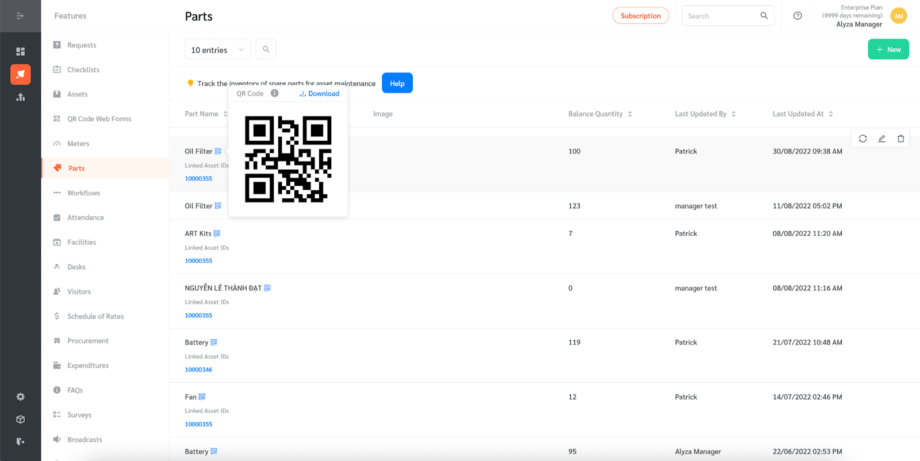Parts QR Code - FacilityBot - Facilities Management Software