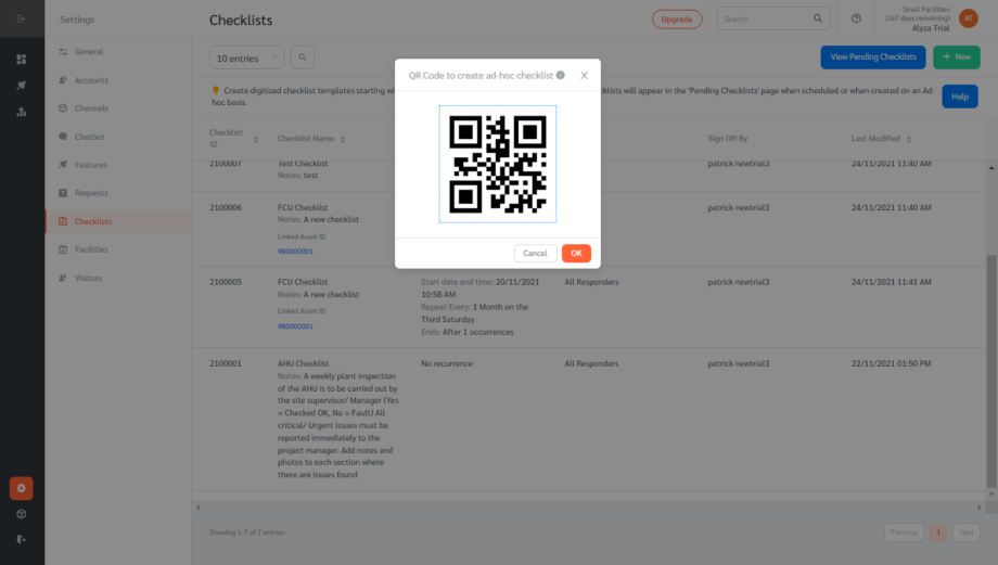 Scanning QR Code to Create Ad-Hoc Checklist - FacilityBot - Facilities Management Software