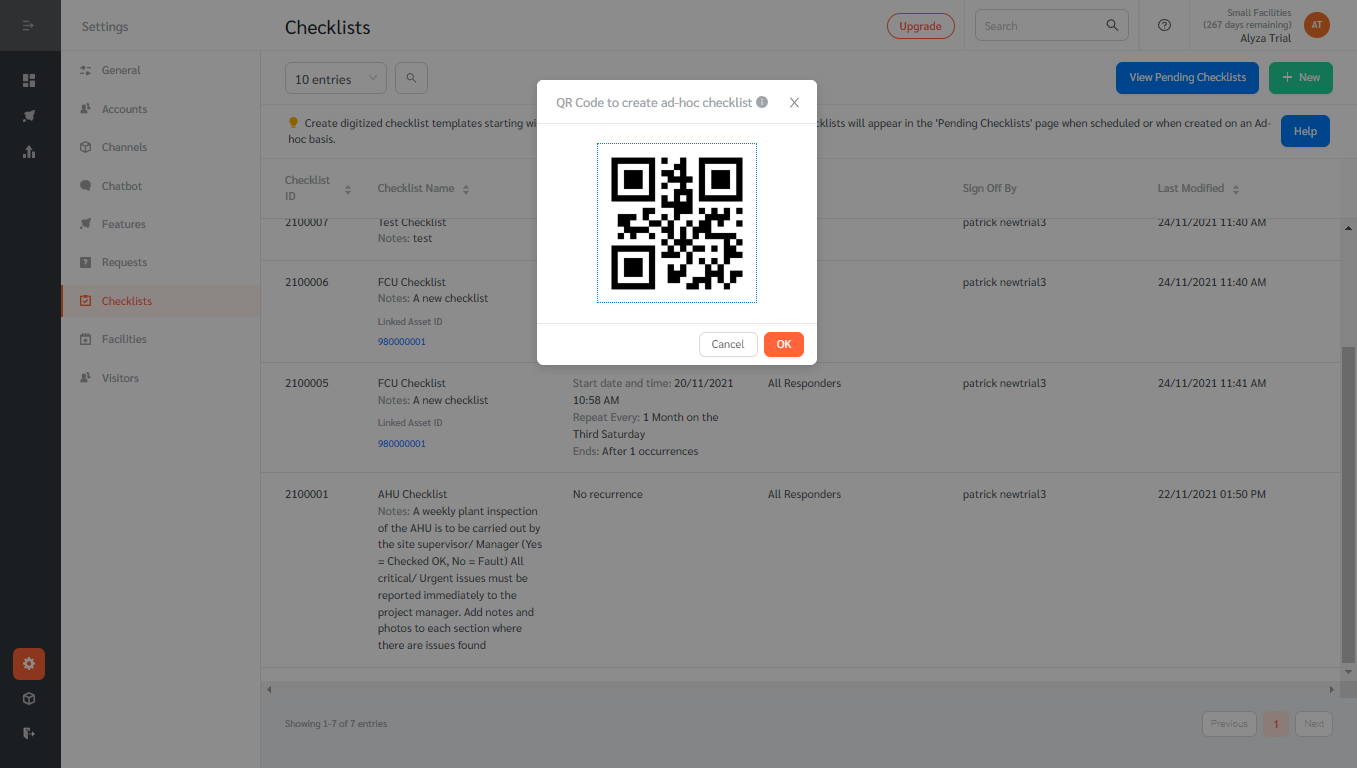 Scanning QR Code to Create Ad-Hoc Checklist - FacilityBot - Facilities ...