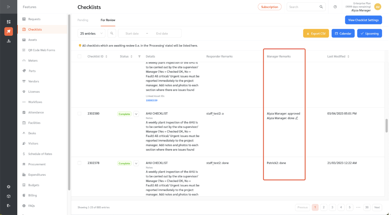 Checklist Review Bulk Actions - FacilityBot - Facilities Management ...
