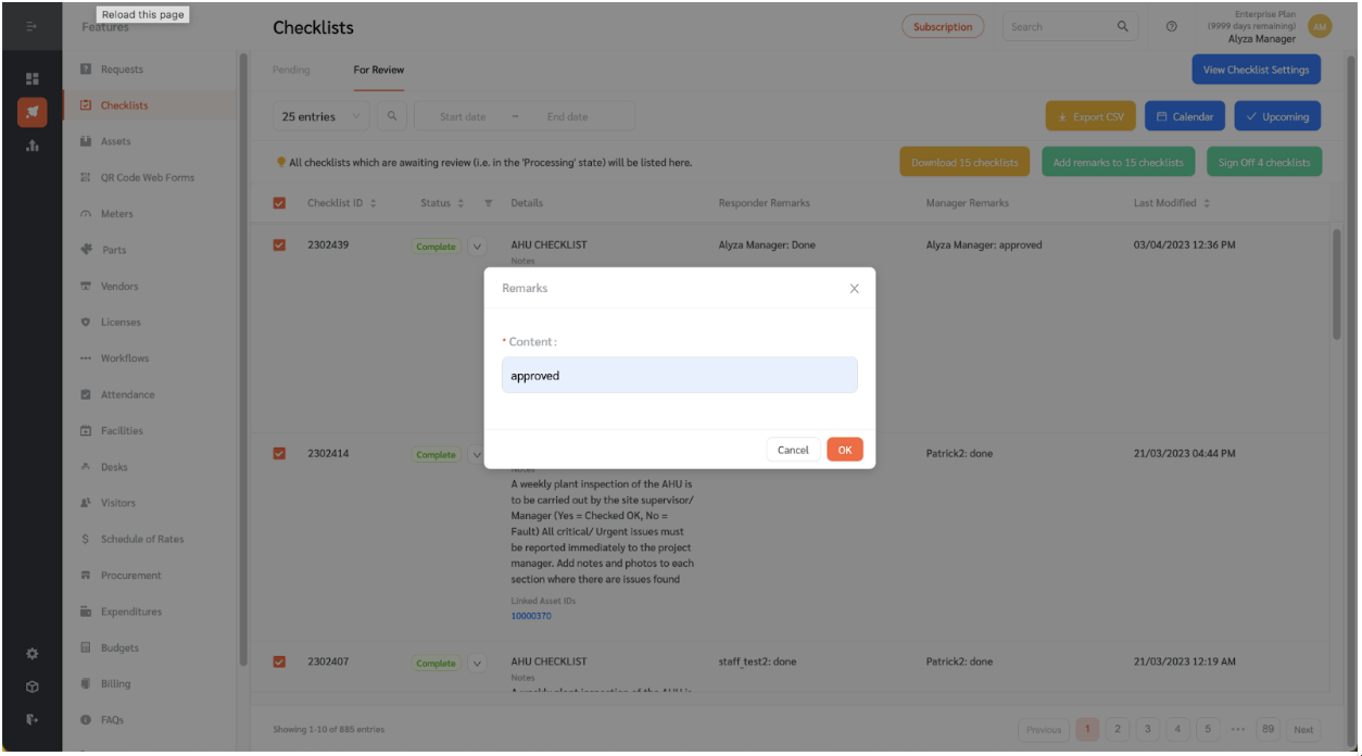 Checklist Review Bulk Actions - FacilityBot - Facilities Management Software