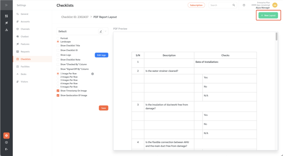Checklist PDF Layout Editor - FacilityBot - Facilities Management Software