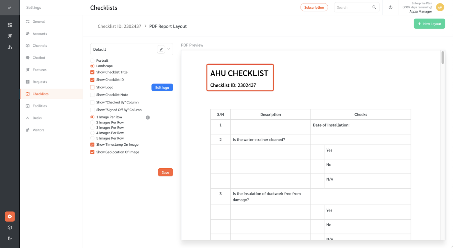 Checklist PDF Layout Editor - FacilityBot - Facilities Management Software