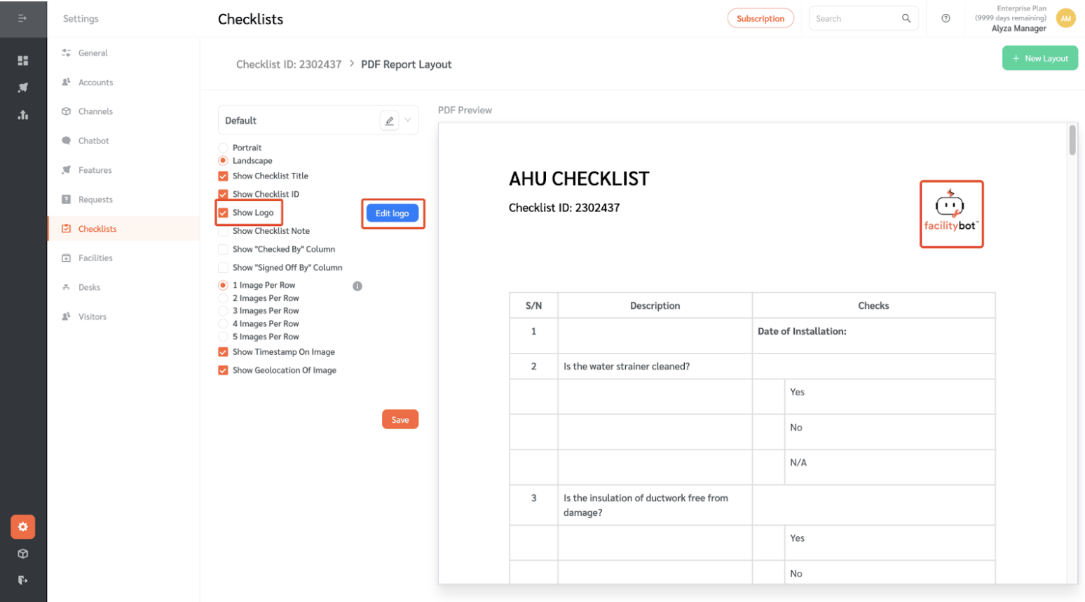 Checklist PDF Layout Editor - FacilityBot - Facilities Management Software