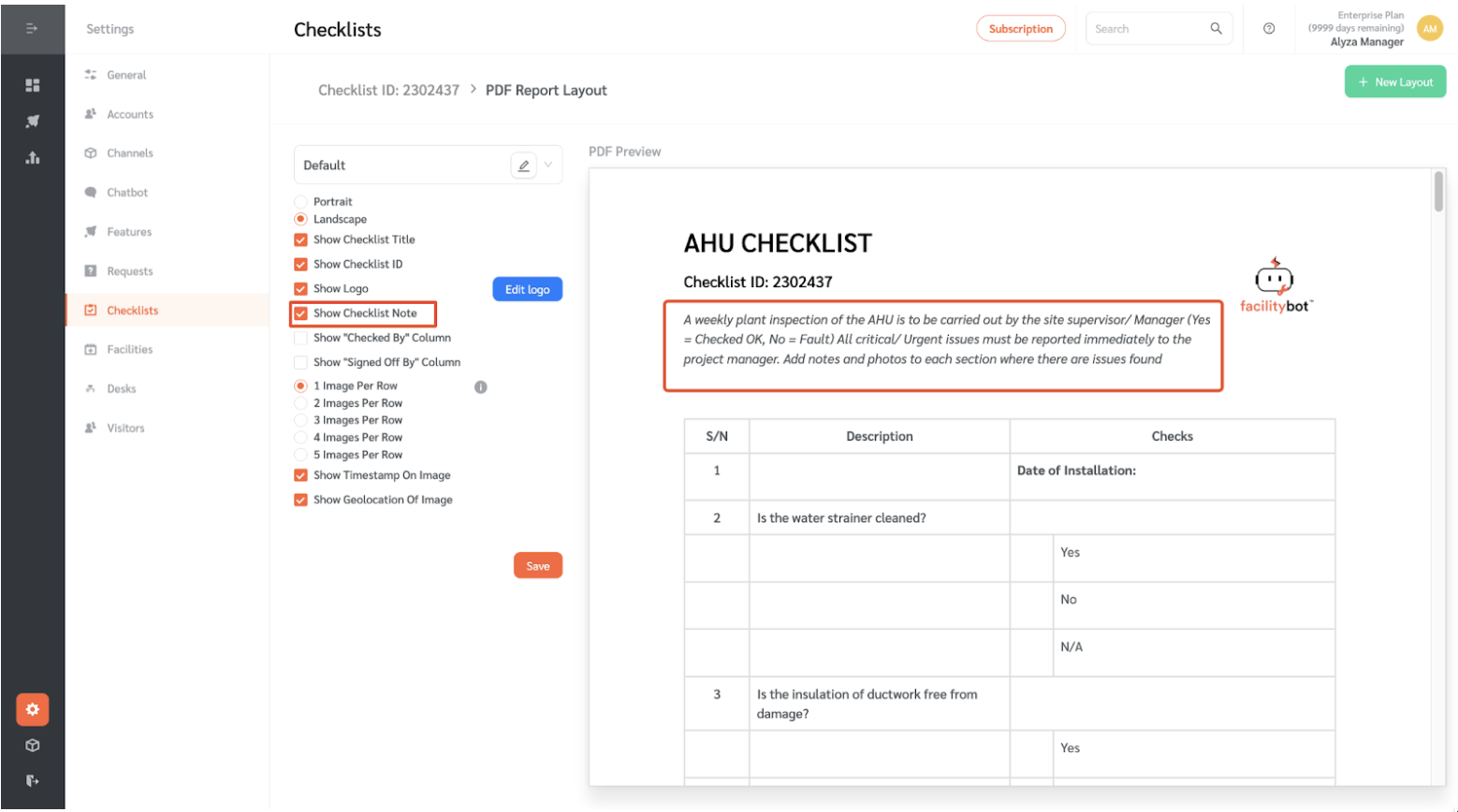 Checklist PDF Layout Editor - FacilityBot - Facilities Management Software