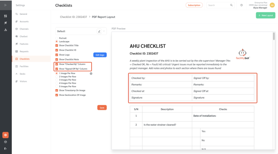 Checklist PDF Layout Editor - FacilityBot - Facilities Management Software