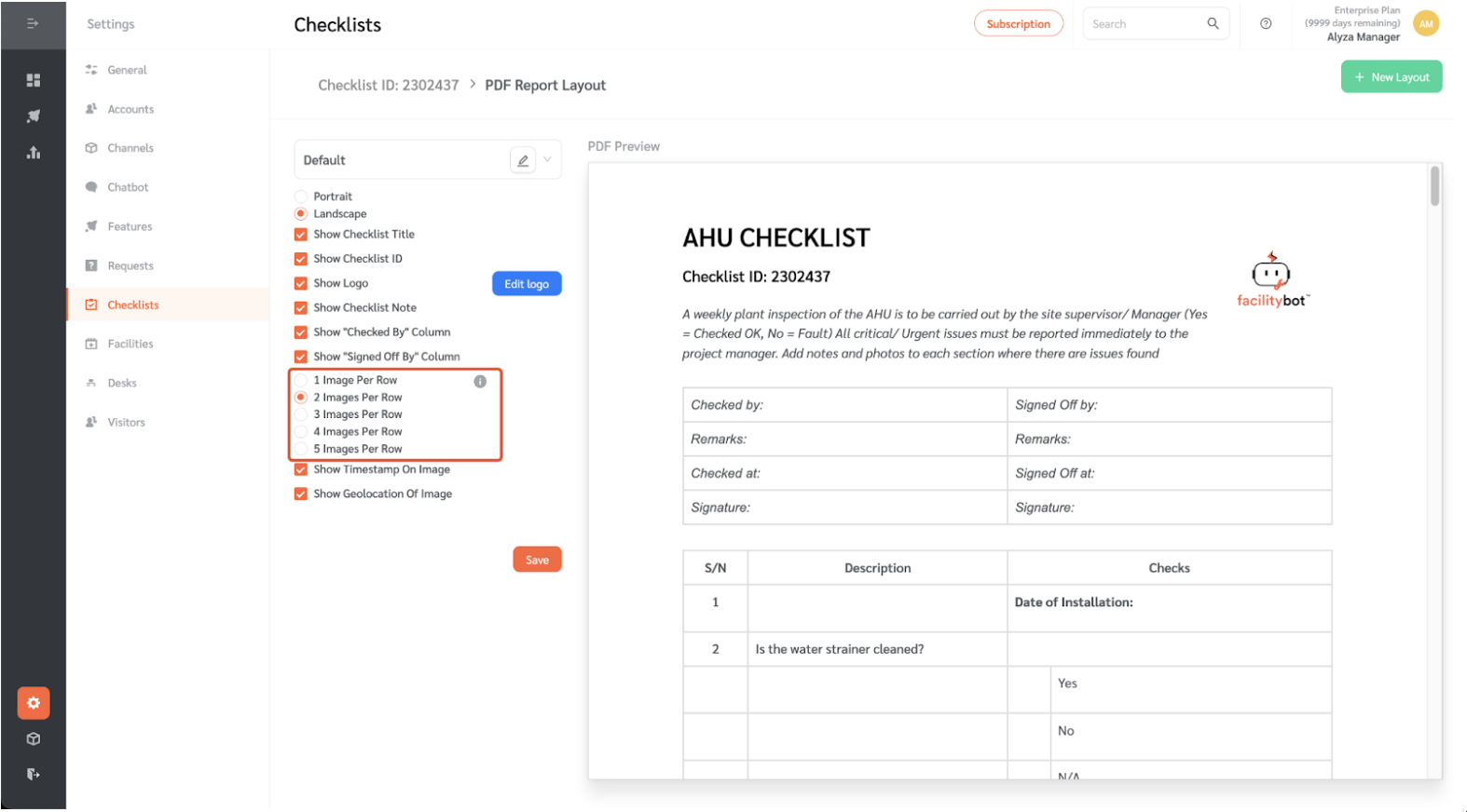 Checklist PDF Layout Editor - FacilityBot - Facilities Management Software