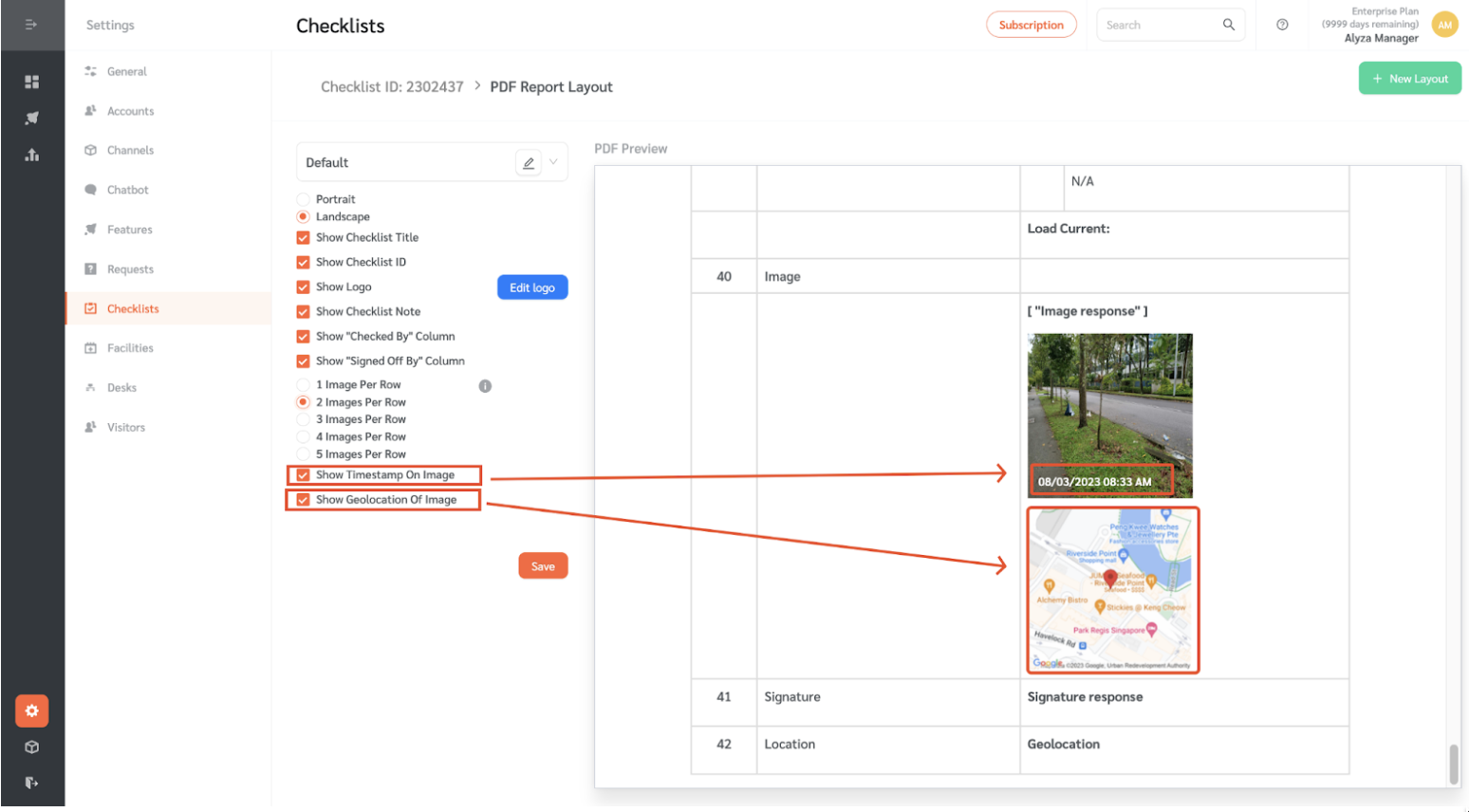 Checklist PDF Layout Editor - FacilityBot - Facilities Management Software