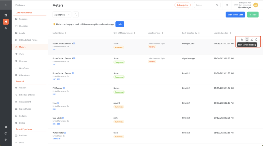 Meters Feature - FacilityBot - Facilities Management Software