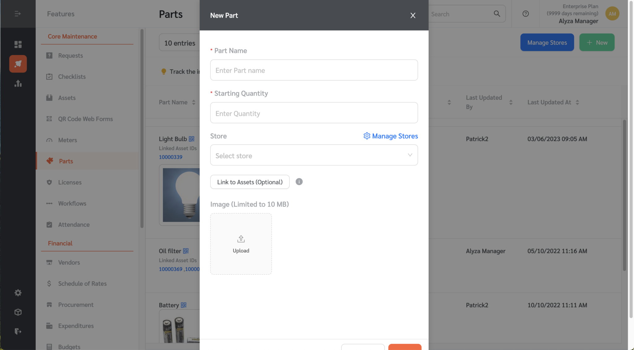 Parts - FacilityBot - Facilities Management Software