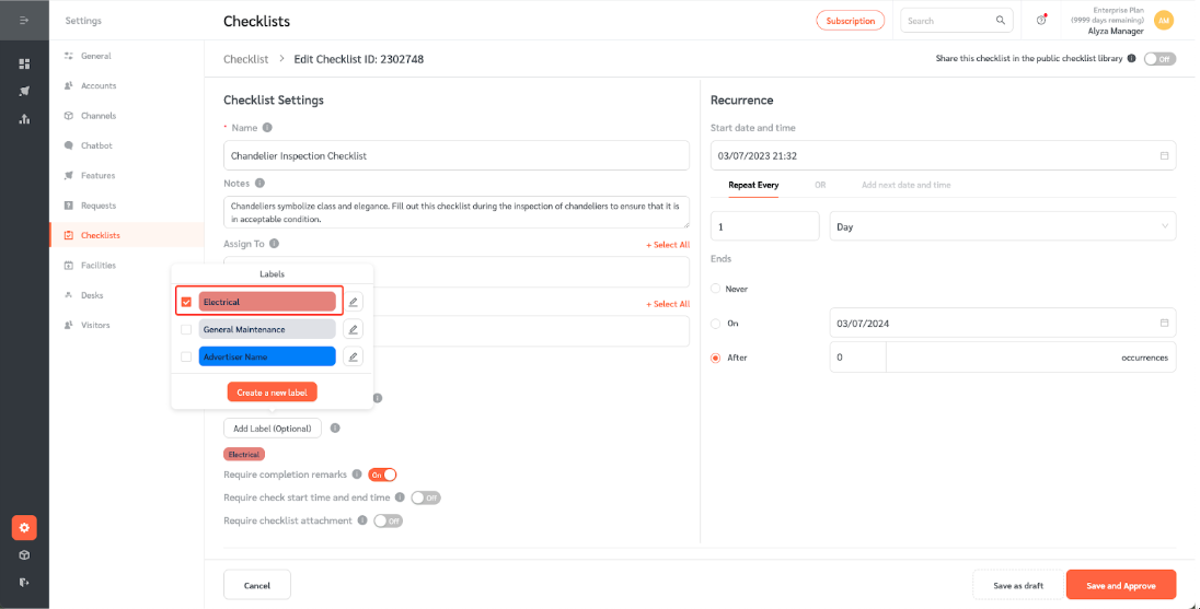 Checklist Labels - FacilityBot - Facilities Management Software
