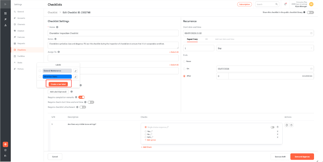 Checklist Labels - FacilityBot - Facilities Management Software