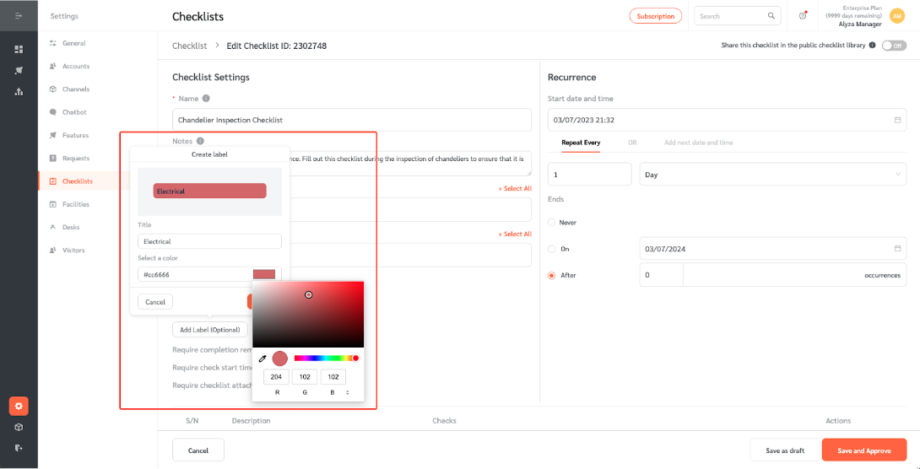 Checklist Labels - FacilityBot - Facilities Management Software