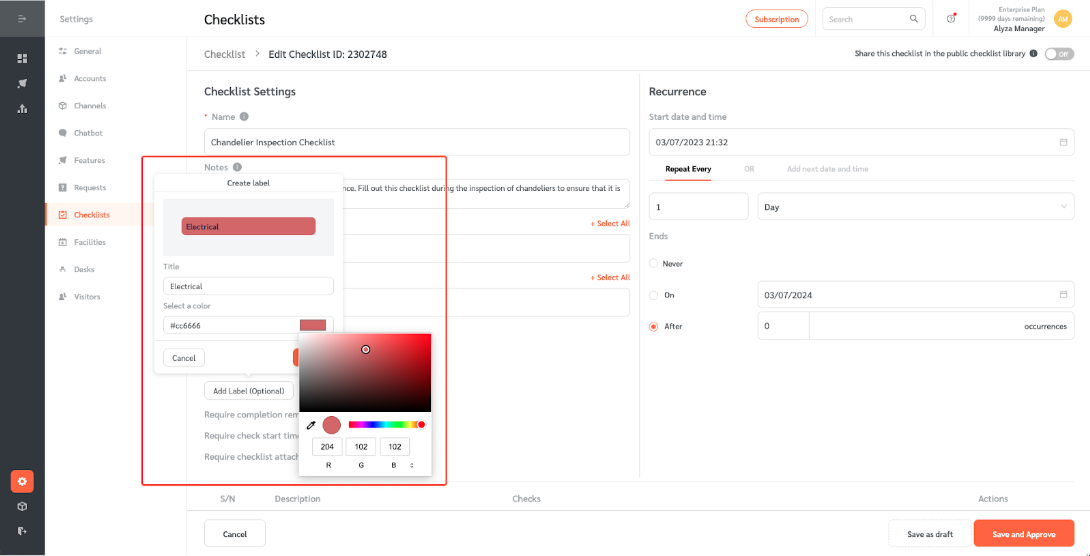 Checklist Labels - FacilityBot - Facilities Management Software