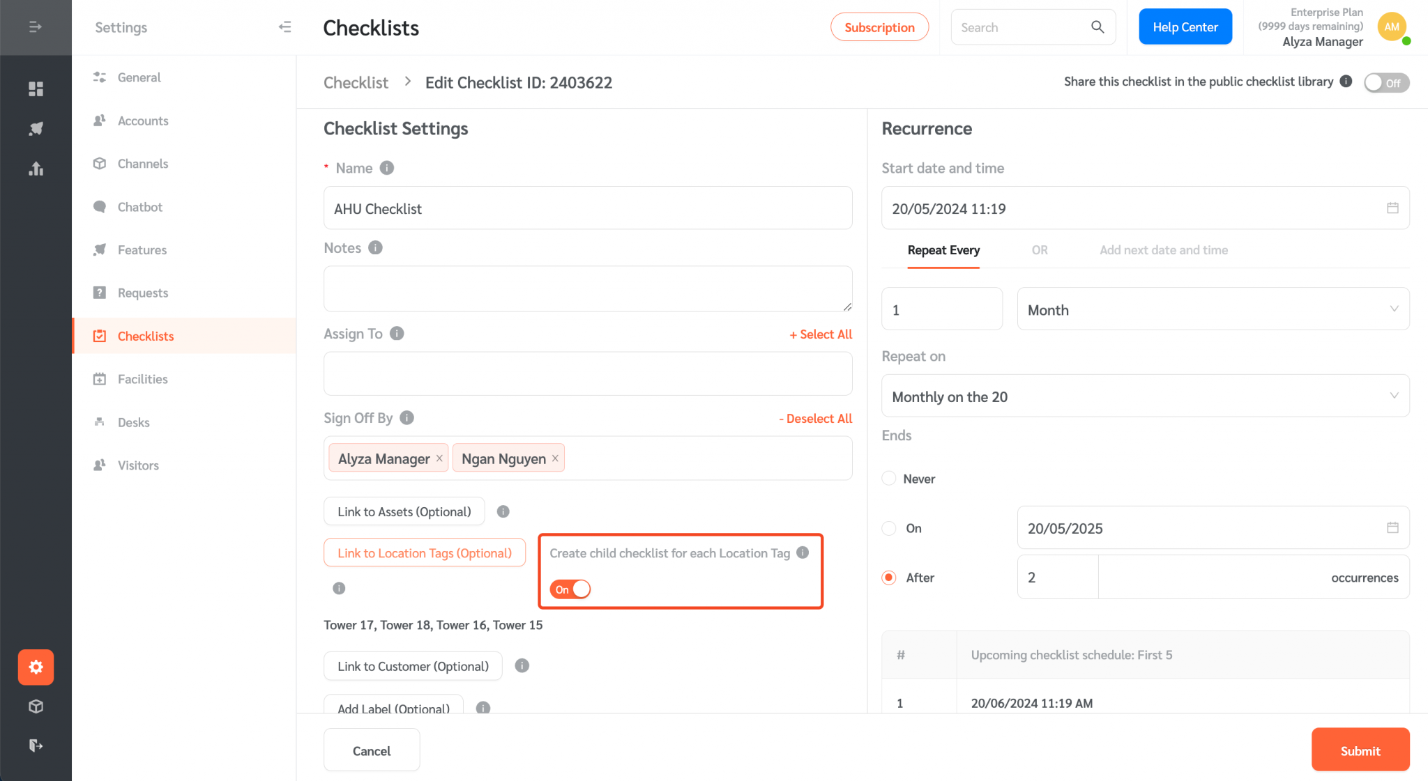 Checklists - FacilityBot - Facilities Management Software
